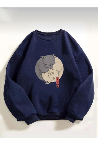 Afro Giyim Unisex Ying Yang Kedi Baskılı Oversize Sweatshirt Afro Giyim Unisex Ying Yang Kedi Baskılı Oversize Sweatshirt