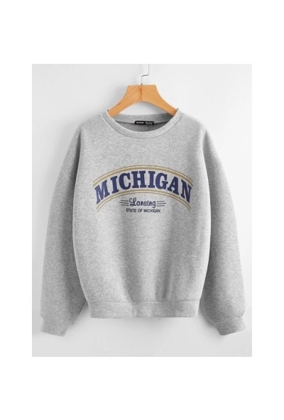 Kadın Gri Oversize Lacivert Michigan Lansing Baskılı Örme Polar Sweatshirt Kadın Gri Oversize Lacivert Michigan Lansing Baskılı Örme Polar Sweatshirt