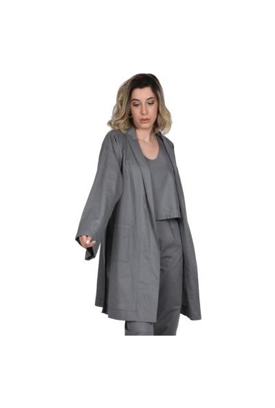 Co&Mi Dökümlü Keten Cepli, Kuşaklı Kimono-Gri
