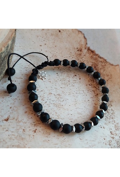 Vaoov 925 Ayar Gümüş Mat Oniks ve Hematit Taşlı Çapa Erkek