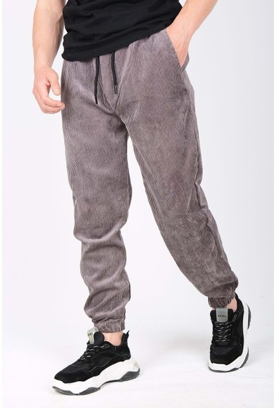 Erkek Kadife Paçası Lastikli Jogger Pantolon Gri E307