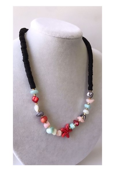 Ayca Aksesuar Kırmızı Deniz Yıldızı Detaylı Siyah Fimo Kolye