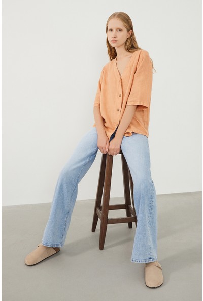 Kadın Turuncu Sora Keten Gömlek Kadın Turuncu Sora Keten Gömlek