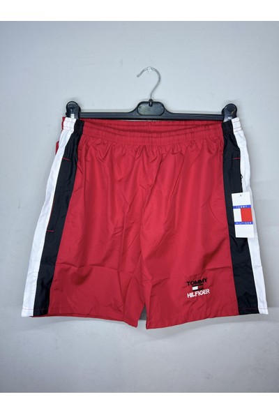 Erkek Kırmızı Siyah Cepli Model Deniz Şortu
