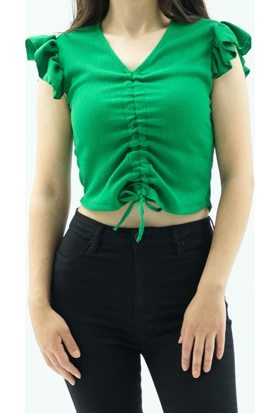 Önü Büzmeli Kolu Fırfırlı Bluz