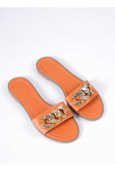 Bpm Kadın Turuncu Zincir Detaylı Düz Terlik
