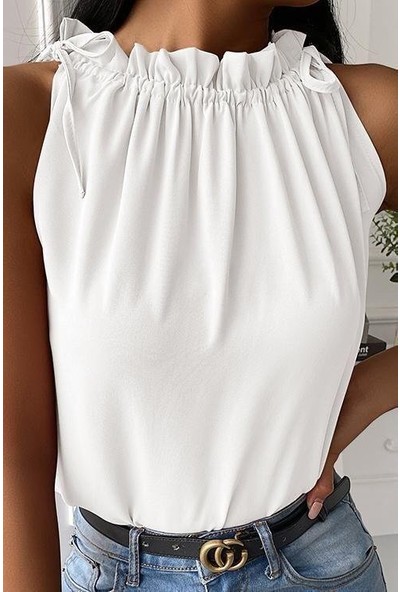 Bon Marche Kadın Beyaz Önü Fırfırlı Ayarlanabilir Scuba Bluz Bon Marche Kadın Beyaz Önü Fırfırlı Ayarlanabilir Scuba Bluz