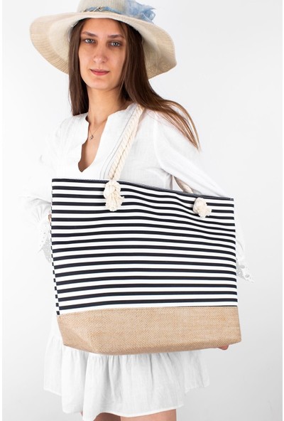 Ratextile Plaj Çantası Çizgili Enineçizgilijütyumuşak Saplı