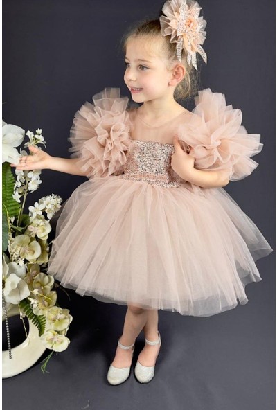 Abiye Kids Pudra Pullu Kol Detaylı Tarz Çocuk Abiye