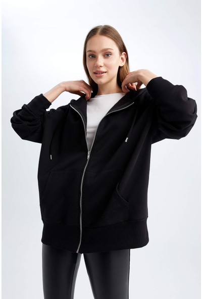 DeFacto Oversize Fit Kapüşonlu Kalın Kumaş Geri Dönüşümlü Hırka V7995AZ22WN