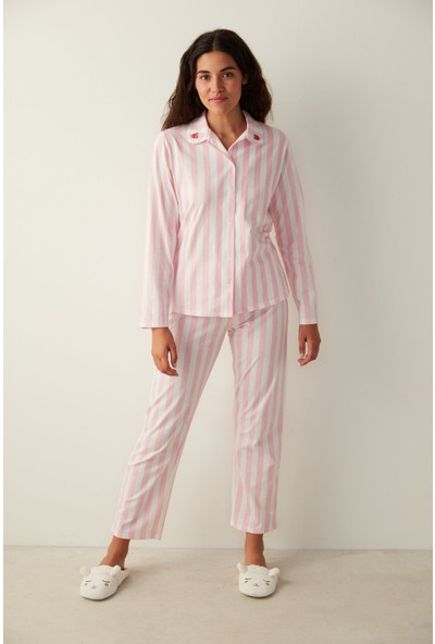 Penti Pembe Base Berry Stripes Gömlek Pantolon Pijama Takımı