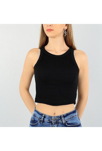 Siyah Kaşkorse Kumaş Crop Bluz 2298