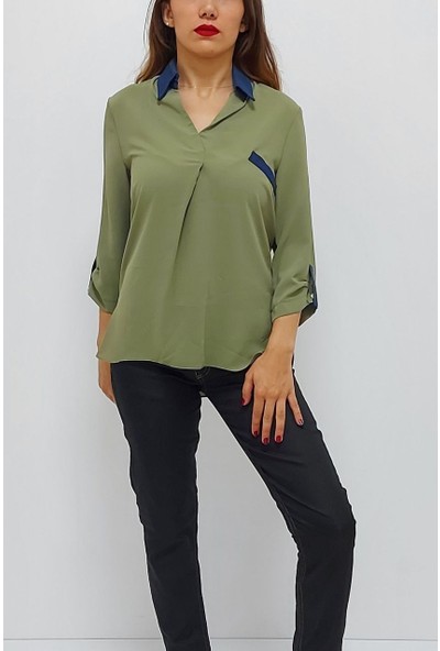 Pensli Mavi Yakalı Gömlek Haki Pensli Mavi Yakalı Gömlek Haki