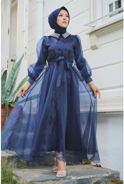 İmaj Butik Yakası Inci Detaylı Tesettür Abiye/lacivert