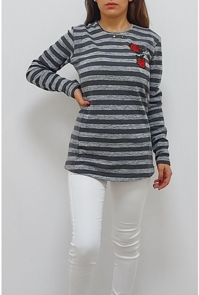 Baskılı Gri Çizgi Desenli Kazak Antrasit