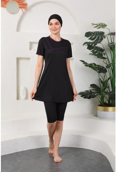 Medipek Mor Biyeli Yarı Kapalı Tesettür Mayo Siyah