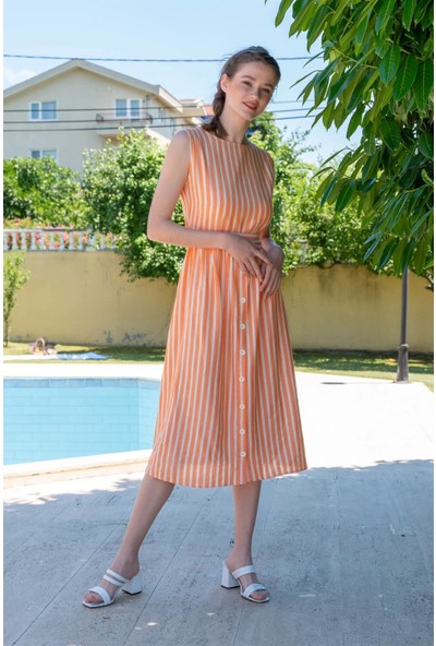 Petmudo AVM Kuşaklı Sırt Dekolteli Keten Elbise - Turuncu