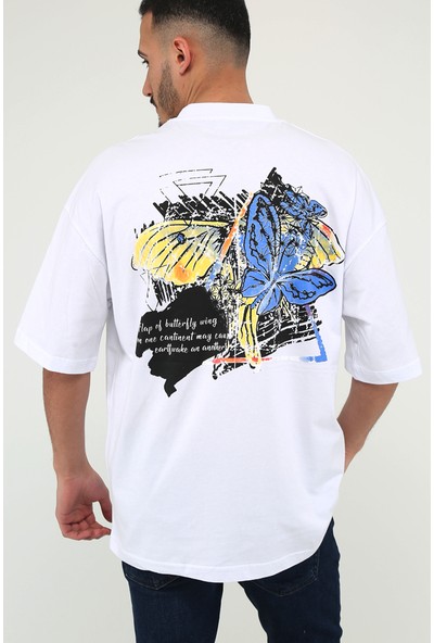 Brower Butterfly Beyaz Erkek Oversize Bisiklet Yaka Baskılı T-Shirt ART-010