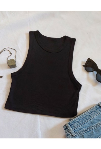 Kadın Halter Kesim Crop Top Siyah Bluz