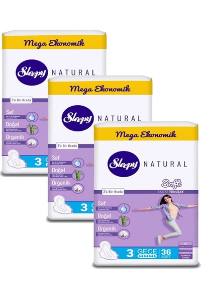 Sleepy Natural Soft Ekstra Yumuşak Gece Mega Fırsat Paketi (108 Ped) GECE-36X3 Sleepy Natural Soft Ekstra Yumuşak Gece Mega Fırsat Paketi (108 Ped) GECE-36X3