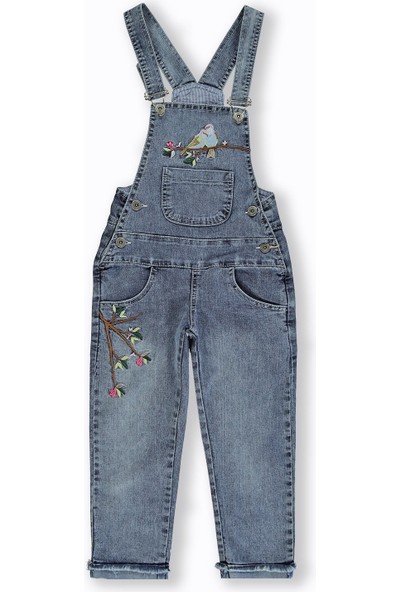 Overdo Kuş Nakışlı Kız Çocuk Kot Bahçivan / Salopet--