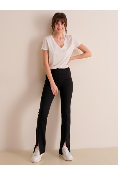 Jimmy Key Kadın Siyah Beli Lastikli Ön Orta Kesikli Yırtmaçlı Paça Pantolon Jimmy Key Kadın Siyah Beli Lastikli Ön Orta Kesikli Yırtmaçlı Paça Pantolon