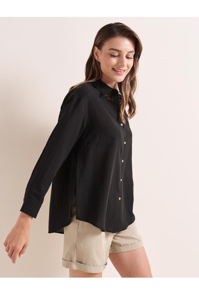 Jimmy Key Kadın Siyah Bol Kesim Uzun Kollu Keten Gömlek Jimmy Key Kadın Siyah Bol Kesim Uzun Kollu Keten Gömlek