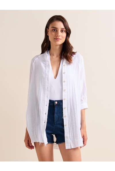 Jimmy Key Kadın Beyaz Bol Kesim V Yaka Uzun Kollu Gömlek Jimmy Key Kadın Beyaz Bol Kesim V Yaka Uzun Kollu Gömlek