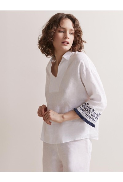 Jimmy Key Kadın Beyaz Düz Kesim V Yaka Truvakar Kol Keten Bluz Jimmy Key Kadın Beyaz Düz Kesim V Yaka Truvakar Kol Keten Bluz