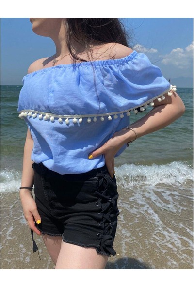 Özel Tasarım Mavi Açık Omuz Ponponlu Bluz