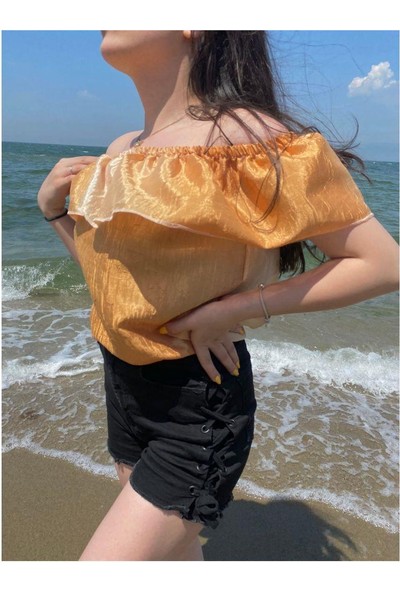 Özel Tasarım Açık Omuz Krinkıl Saten Bluz
