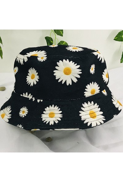 ModaZey Siyah Papatya Desenli Bucket Şapka