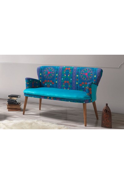 Mobilya Bazarı Etnik Desen Turkuaz Ikili Koltuk Salon Balkon