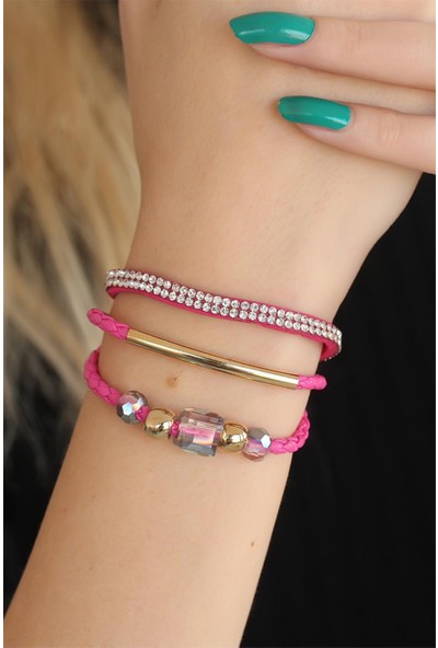 Moco Taşlı Pembe Deri Bayan Bileklik Moco Taşlı Pembe Deri Bayan Bileklik