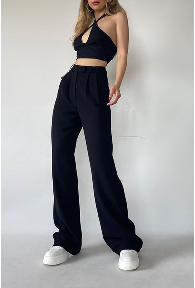 Ortaya Çık Siyah Kemer Detaylı Yüksek Bel Pileli Palazzo Pantolon