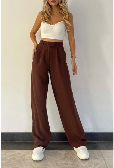 Ortaya Çık Siyah Kemer Detaylı Yüksek Bel Pileli Palazzo Pantolon
