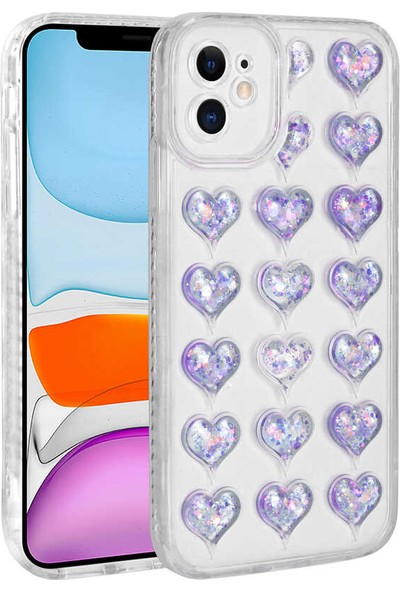 Case 4U Apple iPhone 11 Kılıf Kamera Korumalı Renkli Kalp Desenli Transparan Kalp Kapak Lila Case 4U Apple iPhone 11 Kılıf Kamera Korumalı Renkli Kalp Desenli Transparan Kalp Kapak Lila