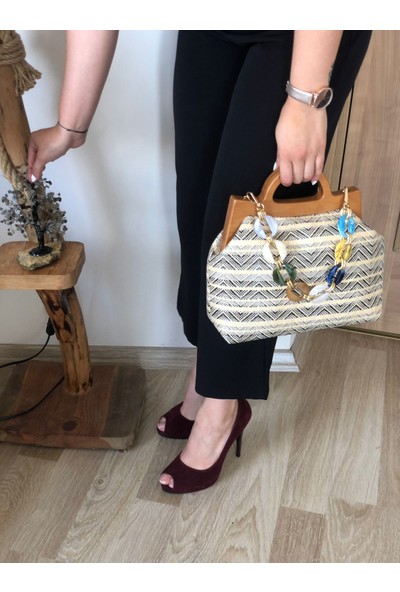 Kozal Aksesuar Victoria Serisi Desenli Vintage Tarzı Rafya Çanta