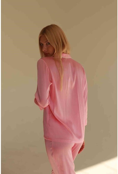 Saten Pijama Takım Düğmeli Pembe