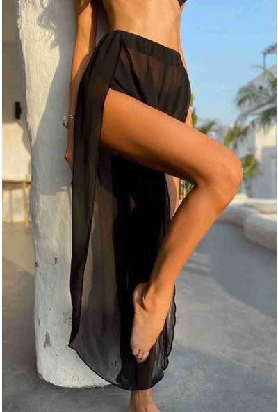 Tül Pareo Pantolon Plaj Elbisesi Siyah Tül Pareo Pantolon Plaj Elbisesi Siyah