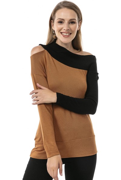 Buketli Kadın Kahverengi Kayık Yaka Renk Bloklu Omuz Dekolteli Bluz