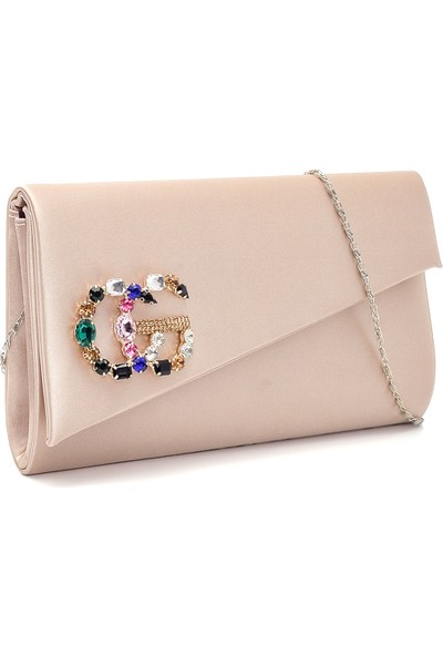 Rouge Paris Rougeparis Renkli Taş, Simetrik Kesim Parlak Saten Bej Abiye Çanta Rouge Paris Rougeparis Renkli Taş, Simetrik Kesim Parlak Saten Bej Abiye Çanta