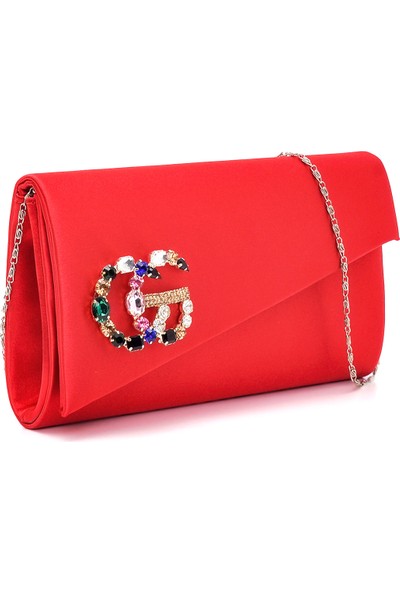 Rouge Paris Renkli Taş, Simetrik Kesim Parlak Saten Kırmızı Abiye Çanta Rouge Paris Renkli Taş, Simetrik Kesim Parlak Saten Kırmızı Abiye Çanta