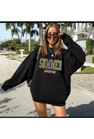 Laluvia Siyah Summer Baskılı Oversize Sweatshirt