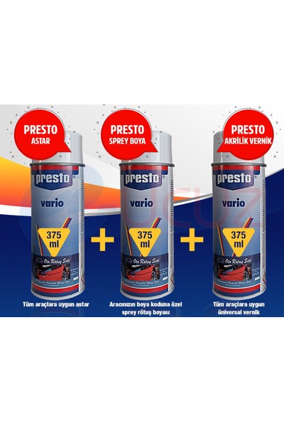 Presto Kia Kod: Ud Beyaz Renk Presto Sprey Full Boya Seti (Boya + Vernik + Akrilik Astar) Presto Kia Kod: Ud Beyaz Renk Presto Sprey Full Boya Seti (Boya + Vernik + Akrilik Astar)