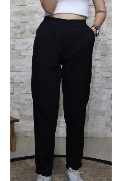 Likralı Rahat Kesim Siyah Atlas Kadın Pantolon