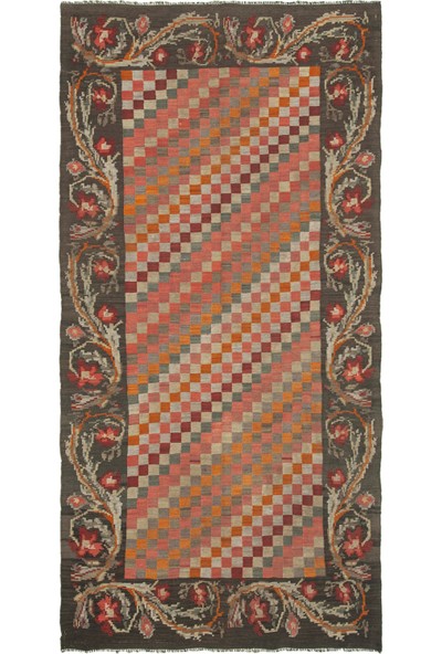 Bespoky Moldovian Floral Kahverengi Çiçekli Pamuk Yün Keçi Tüyü El Dokuma Alan Halısı