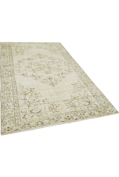 Bespoky Vintage Bej Eskitme Pamuk Yün El Dokuma Alan Halısı