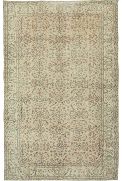 Bespoky Vintage Bej Eskitme Pamuk Yün El Dokuma Alan Halısı