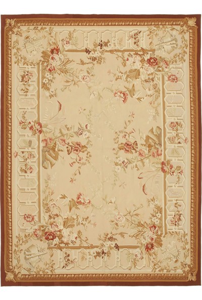 Bespoky Aubusson Floral Bej Çiçekli Pamuk Yün El Dokuma Alan Halısı